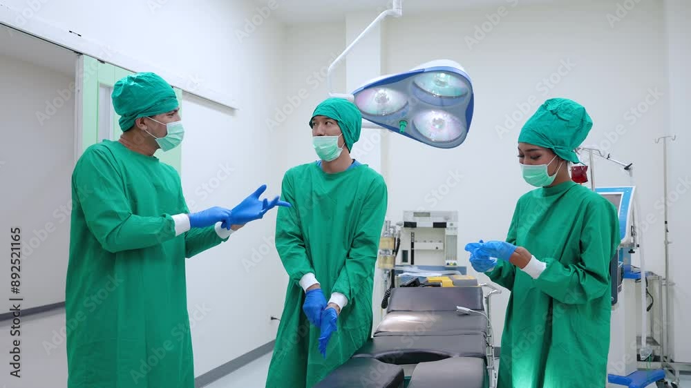 Diverse young surgeon-doctor team in operating room, wearing green ...