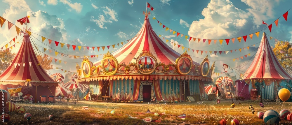 Circus stage under a clear sky. a large circus tent decorated with ...