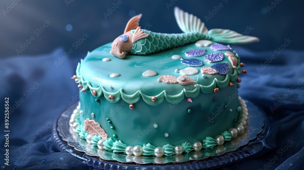 playful mermaid theme cake with edible pearls and scales on a deep sea ...