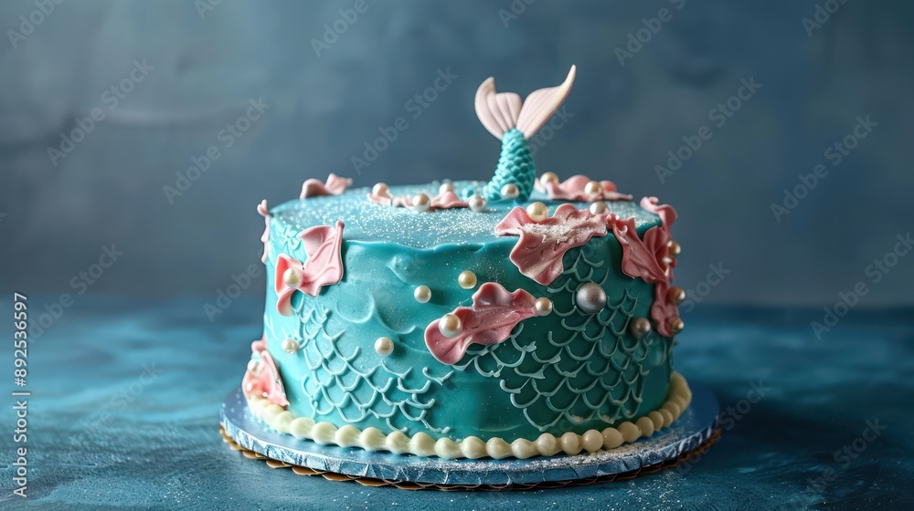 playful mermaid theme cake with edible pearls and scales on a deep sea ...