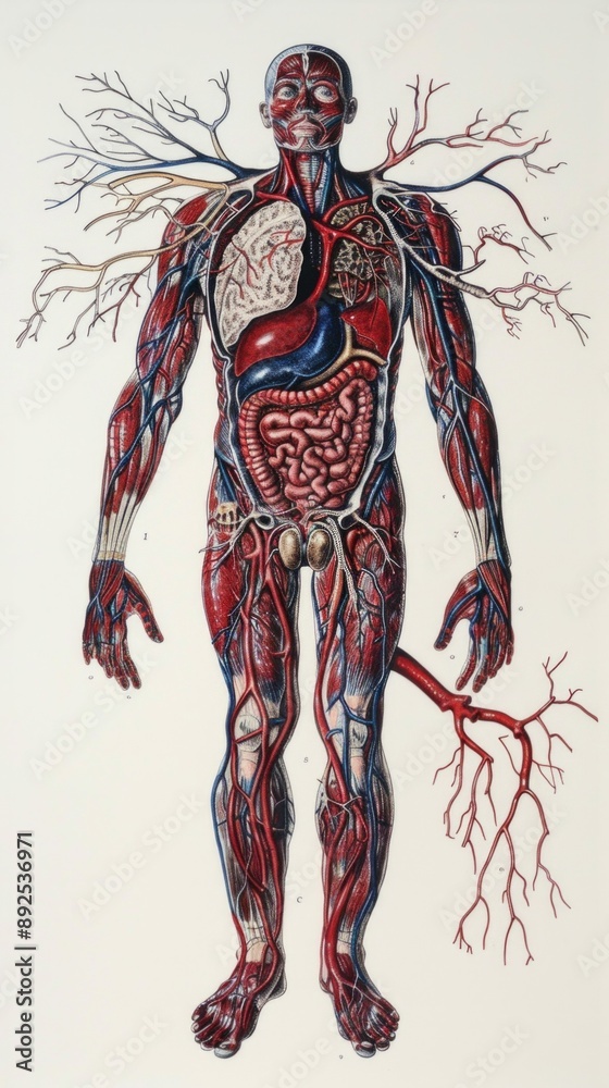 anatomy of the human body. Muscles are highlighted in red, and veins ...