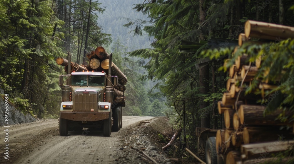 A logging truck transporting freshly cut logs through a forest road ...