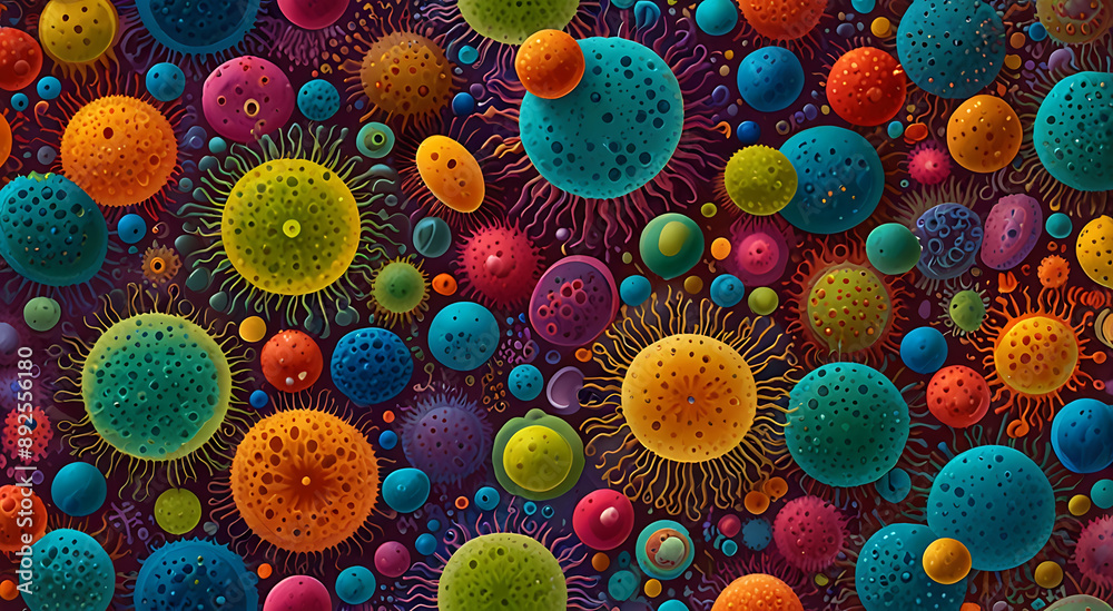 An abstract representation of microscopic organisms and cells, showing ...