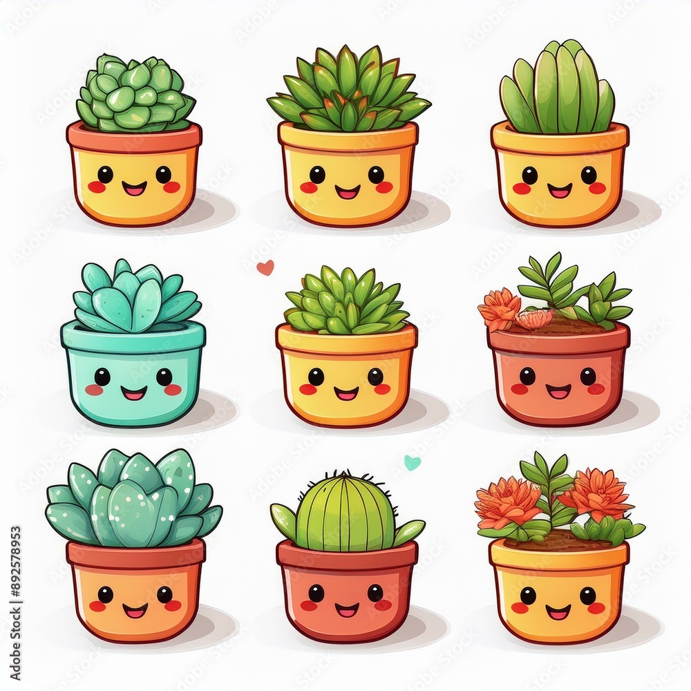Cute happy funny succulents plants,cacti,flower emoji set collection ...
