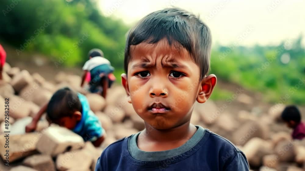 Sad young child working among rocks with other children in blurred ...