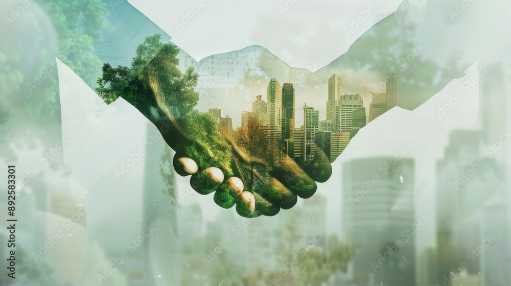 Sustainable Partnership: Handshake with Cityscape and Greenery - Two ...