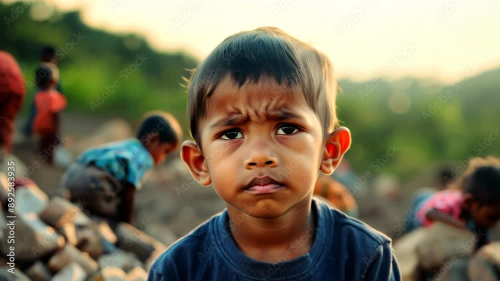 Sad young child working among rocks with other children in blurred ...