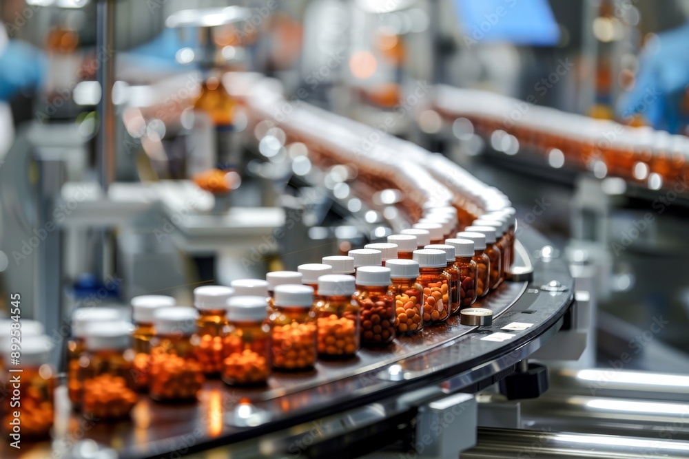 High-speed pharmaceutical assembly line with precision dosing machines ...
