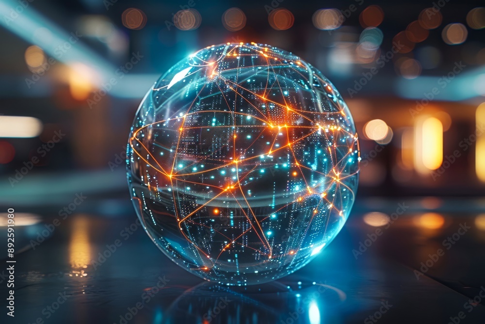 Neural network diagram embedded in a transparent holographic globe ...