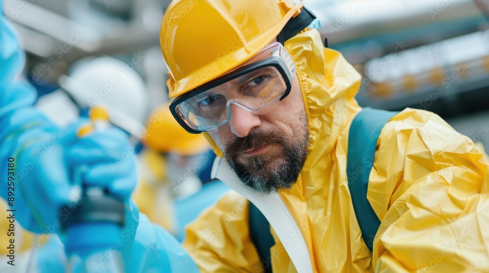 Technicians, dressed in yellow hazmat suits and helmets, are engaged in ...
