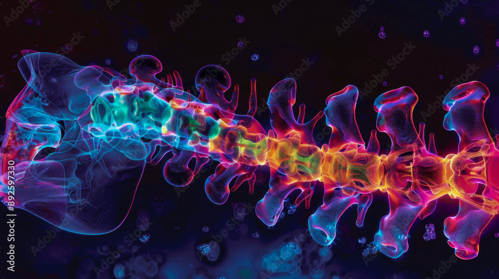 Human spine showing vertebrae, discs, spinal cord and nerves glowing in ...