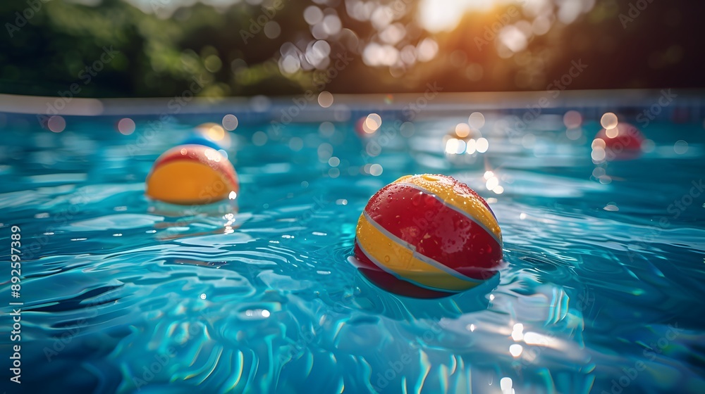 Colorful beach balls floating in pool, vibrant sunlight, crystal clear ...