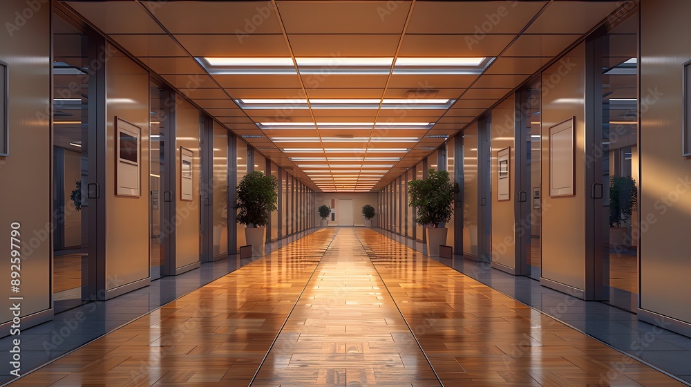 Corporate office cubicles, symmetrical layout, long hallway perspective ...