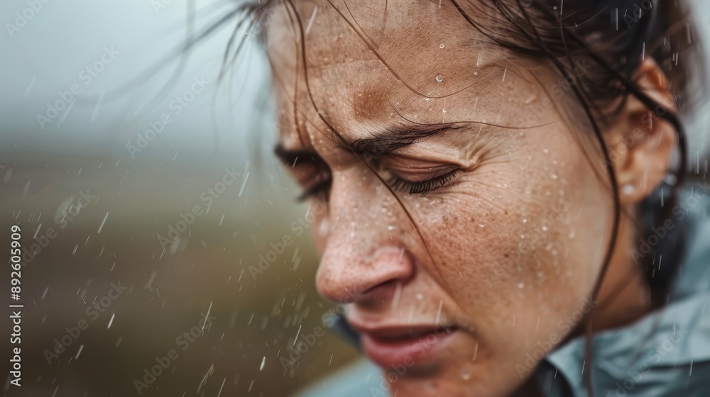 A woman is captured braving the rain, her face covered in water ...