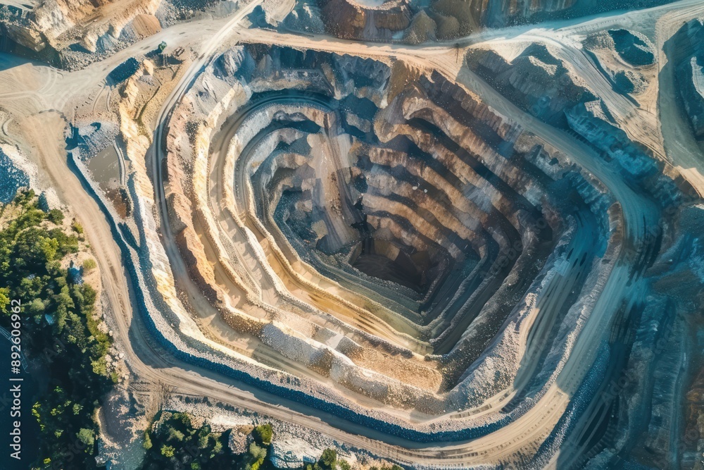 Aerial view of a massive iron ore quarry used for steel production with ...