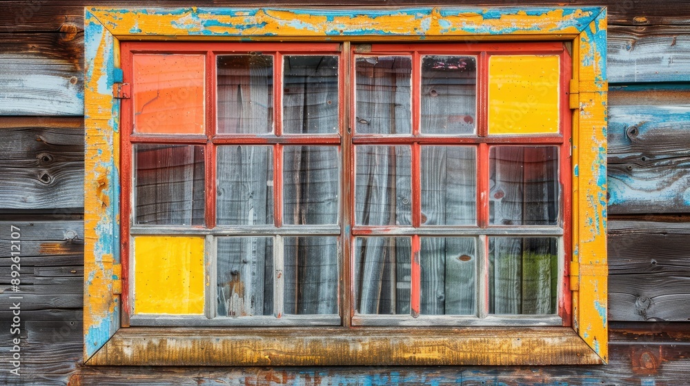 Rustic window with colorful yellow and orange panes on antique wood ...