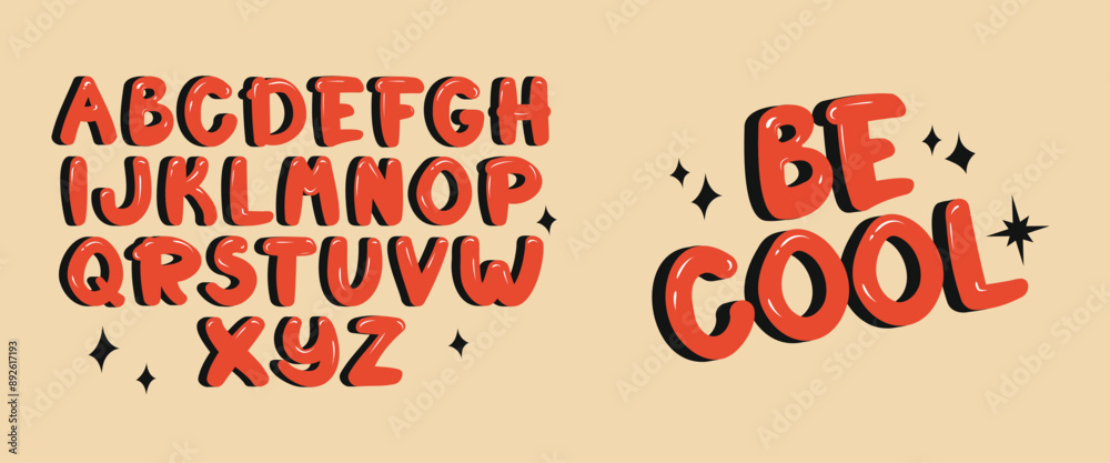 Orange glossy alphabet set in retro colors. Hand-drawn bubble letters ...