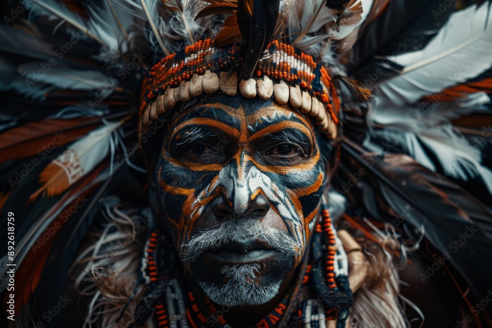 A wise and aged tribal leader, adorned with cultural symbols and ...