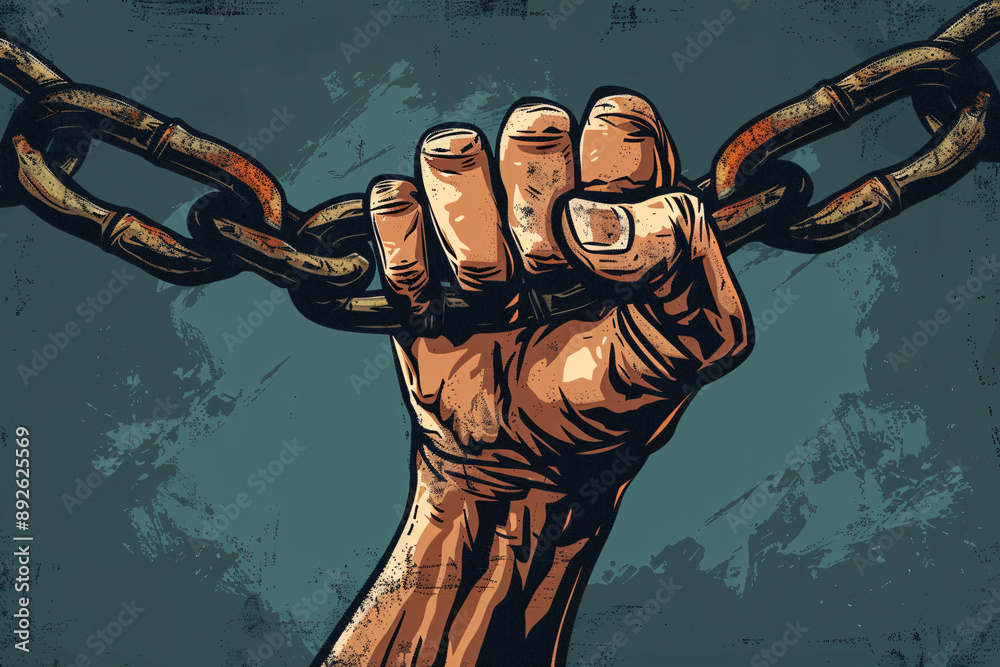Raised fist gripping a chain on a dark textured background symbolizing ...