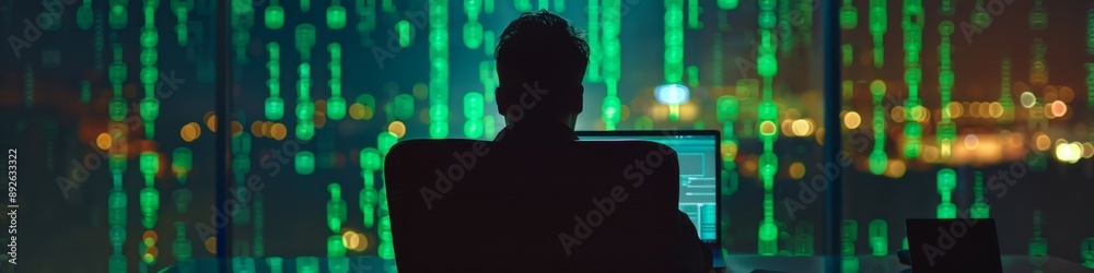 Late Night Programmer: Silhouette of Coder Working on Laptop in Dark ... Late Night Programmer: Silhouette of Coder Working on Laptop in Dark ...