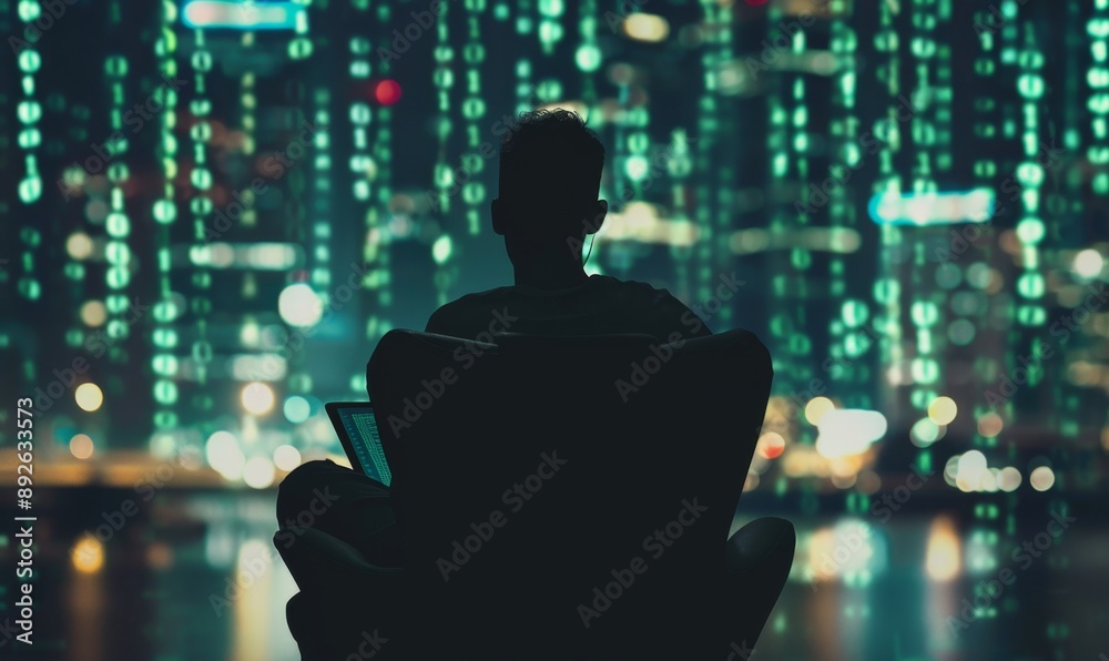 Late Night Programmer: Silhouette of Coder Working on Laptop in Dark ... Late Night Programmer: Silhouette of Coder Working on Laptop in Dark ...
