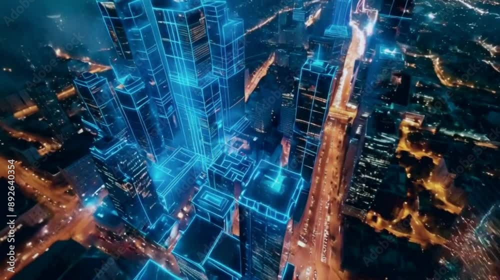 Nighttime Cityscape with Digital Overlays. An aerial view of a city at ...