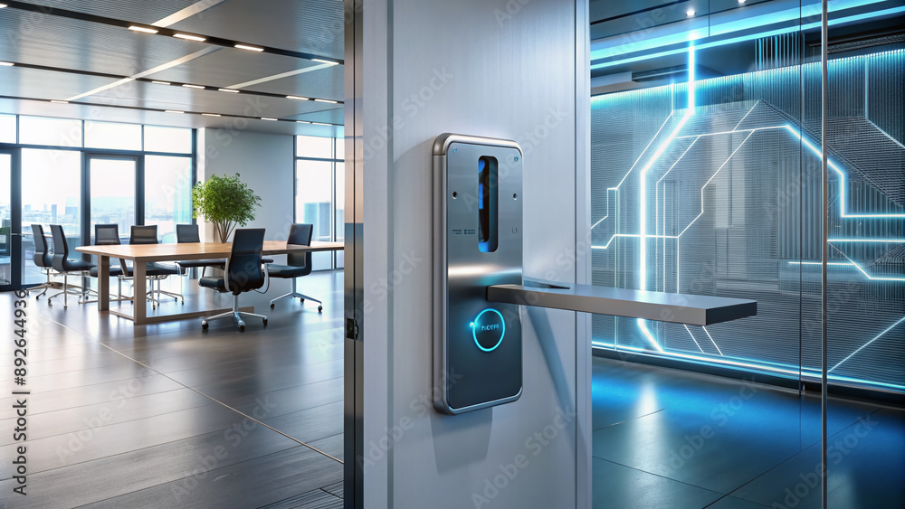 Modern door slightly ajar with a digital keycard inserted, revealing a ...