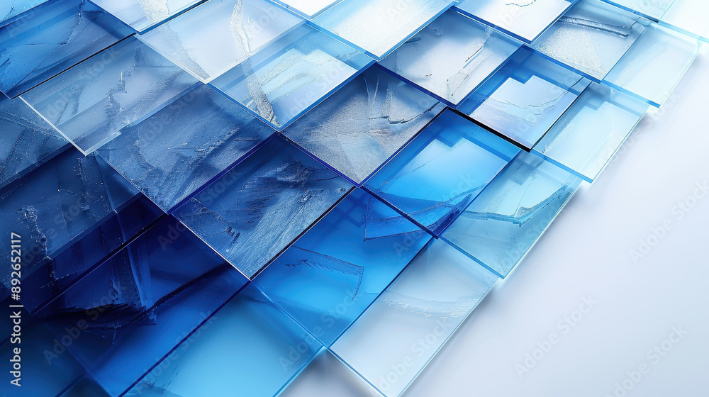 Abstract composition featuring layered blue glass panels with varying ...