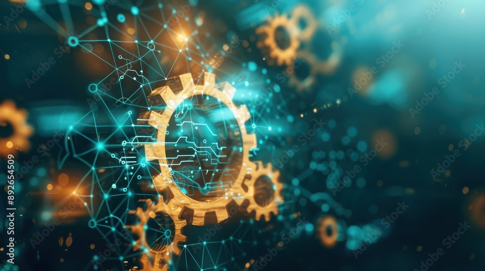 A close up of gears and wires with a blue background. The gears are ...