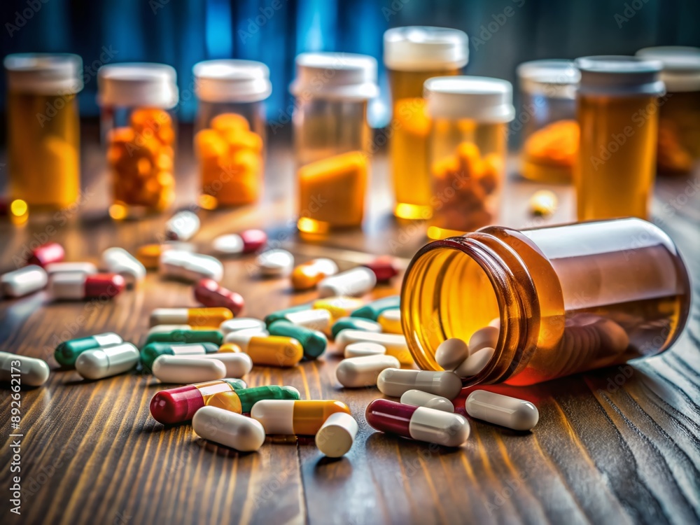 numRows of assorted pill bottles scattered across a table, symbolizing ...
