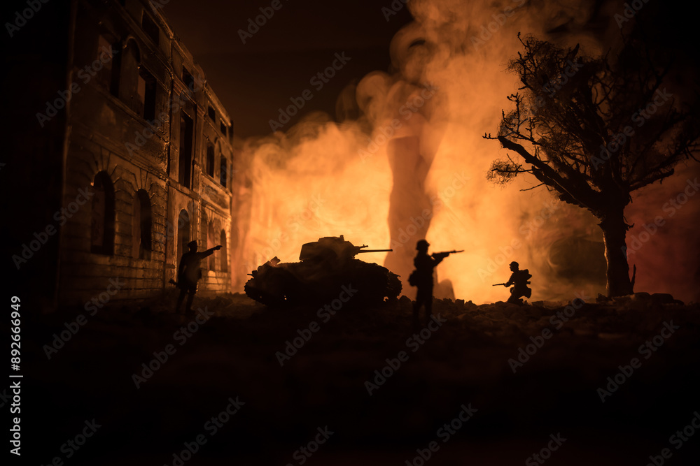 War Concept. Military silhouettes fighting scene on war fog sky ...