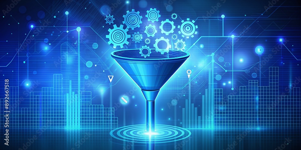 A stylized illustration of a funnel on a bright blue background ...