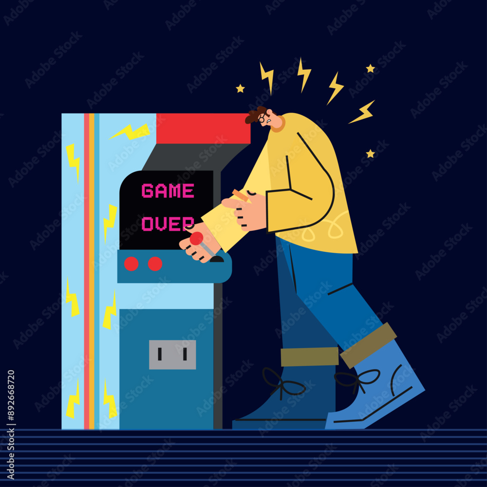 Cartoon flat male character playing video games on retro arcade machine ...