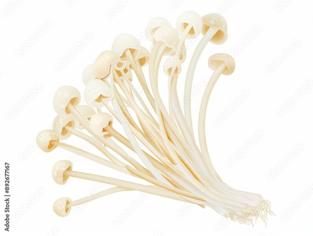 A simple illustration of an enoki mushroom, with only one in the center ...