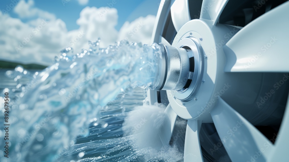 A close-up of a turbine in a hydroelectric power plant, with water ...