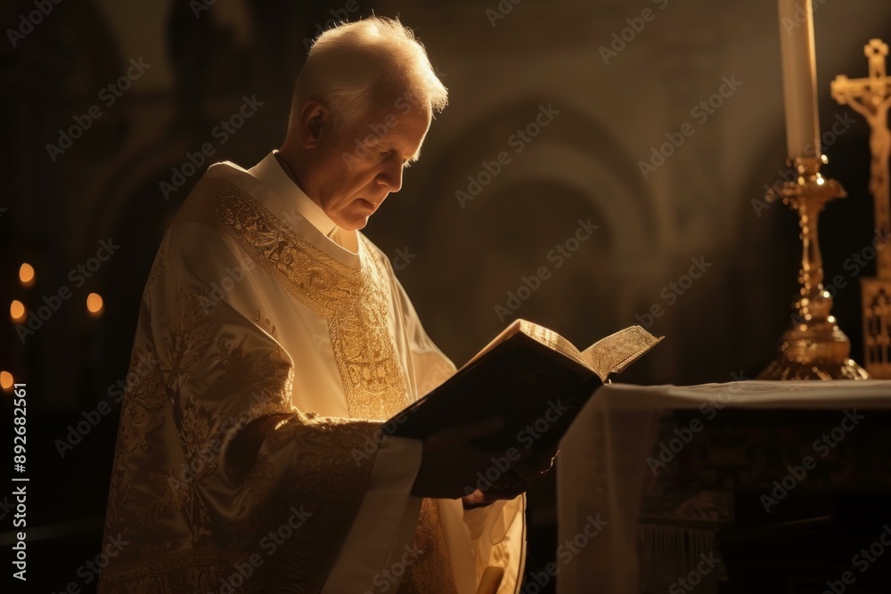 Pensive priest in liturgical vestments immersed in reading a sacred ...
