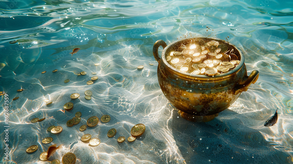 An ancient pot filled with gold coins underwater, creating a mysterious ...