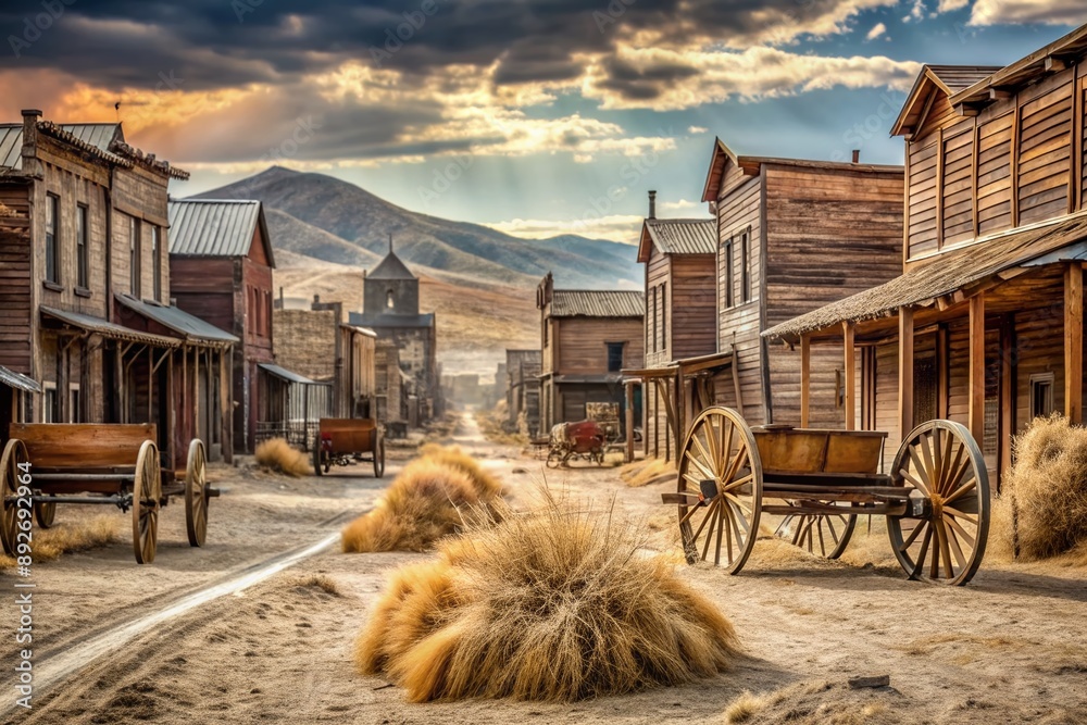 Dusty Wild West town main street with old wooden buildings, tumbleweeds ...