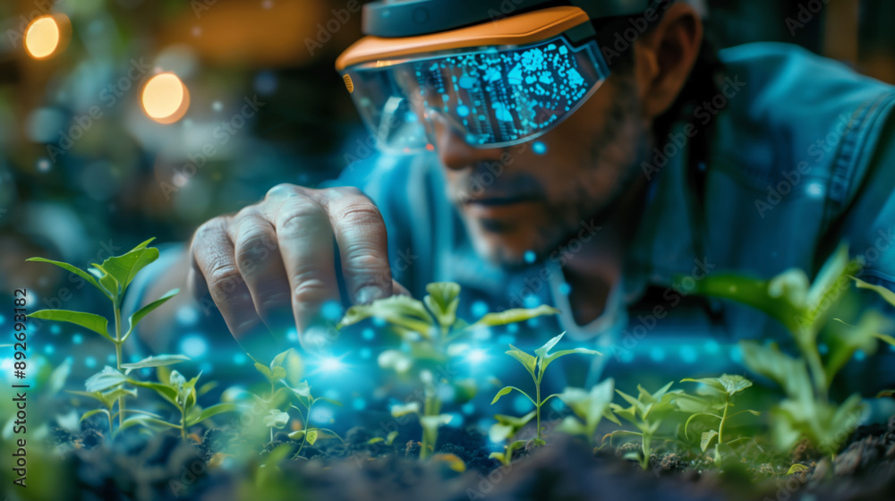 an organic farmer wearing augmented reality goggles, tending to plants ...