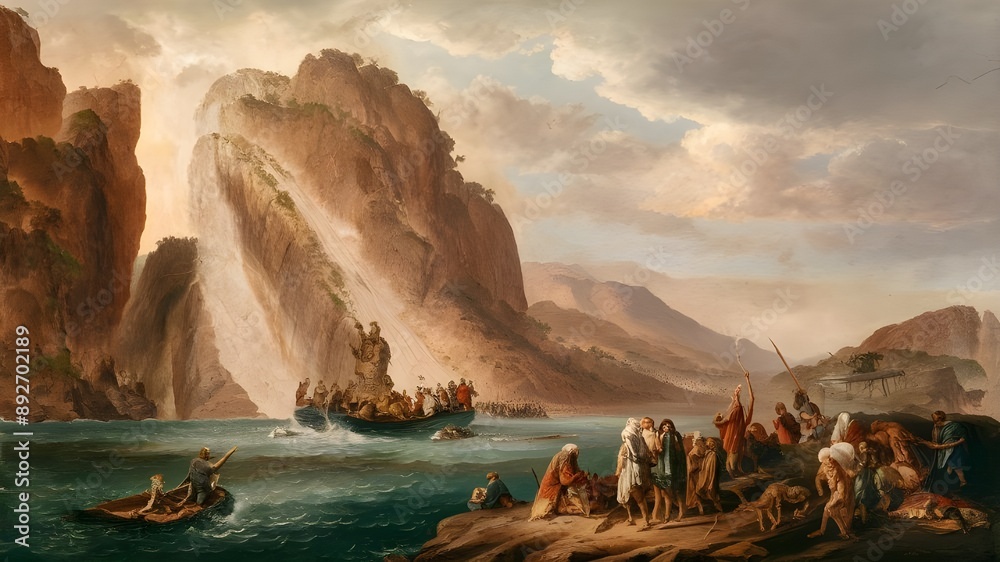 Moses parting the Red Sea, leading his people to safety. He raises a ...