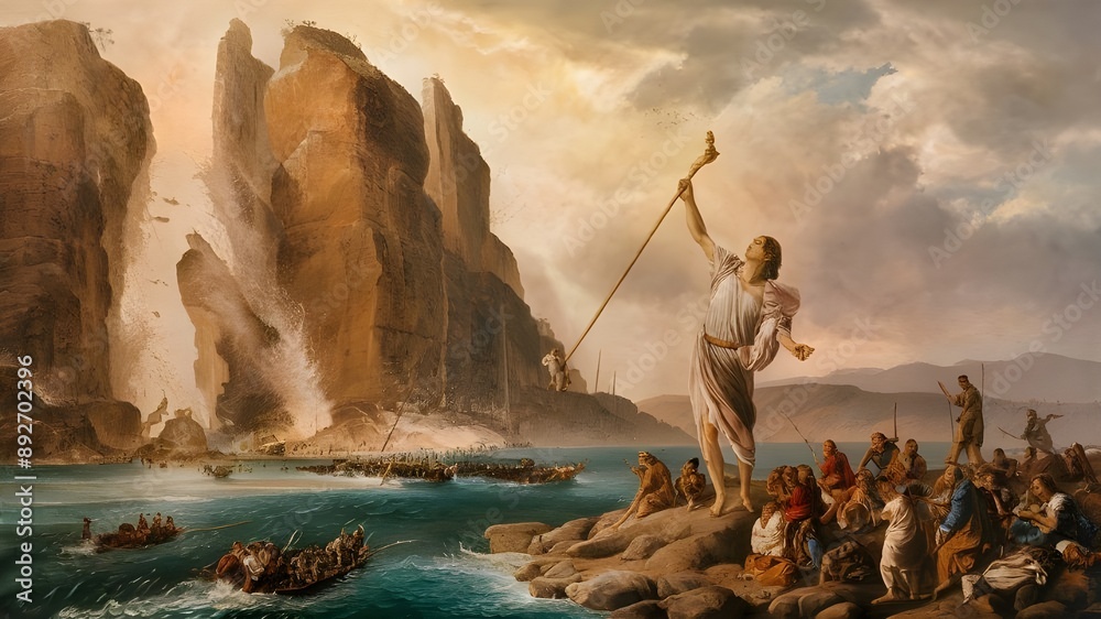 Moses parting the Red Sea, leading his people to safety. He raises a ...