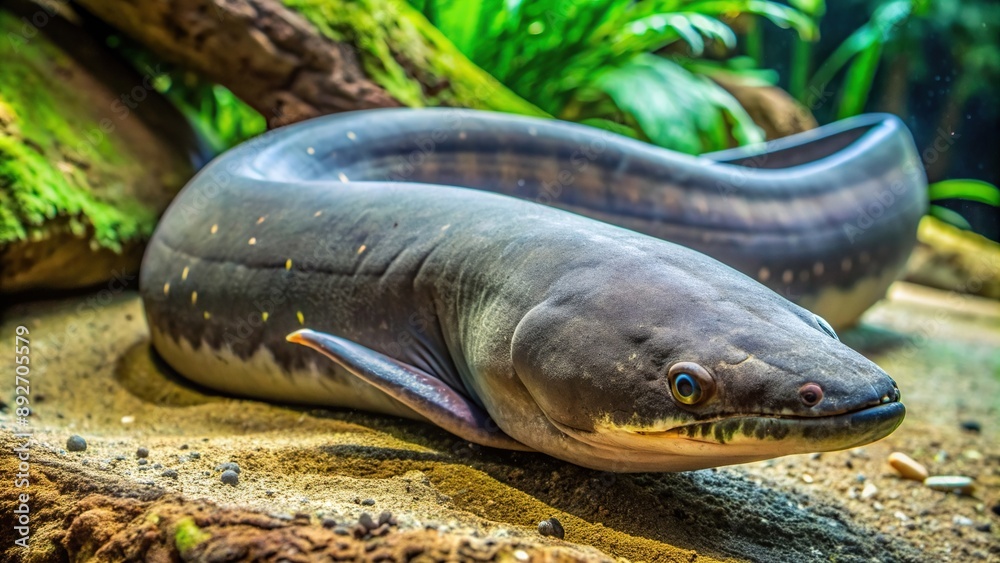 Large electric eel lying on the ground, appearing much bigger due to forced perspective, animal ...