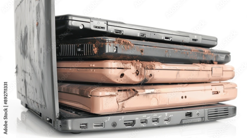 A stack of laptops with shattered screens. The laptops are stacked on ...