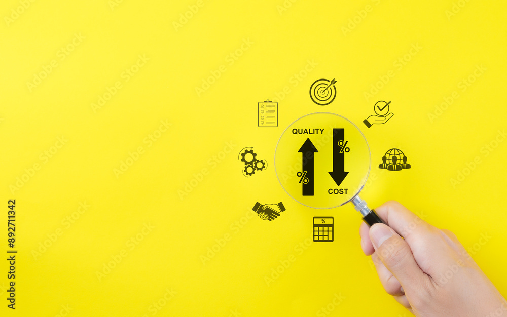 Effective business concept. Quality increase and cost reduction. Hand ...