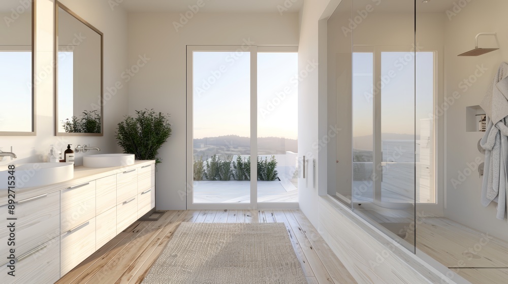 Modern bathroom interior with large windows, double sinks, and glass ...
