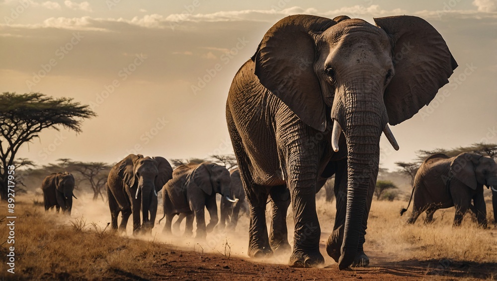 Elephant Herd at Sunset: A majestic elephant leads its herd across the ...