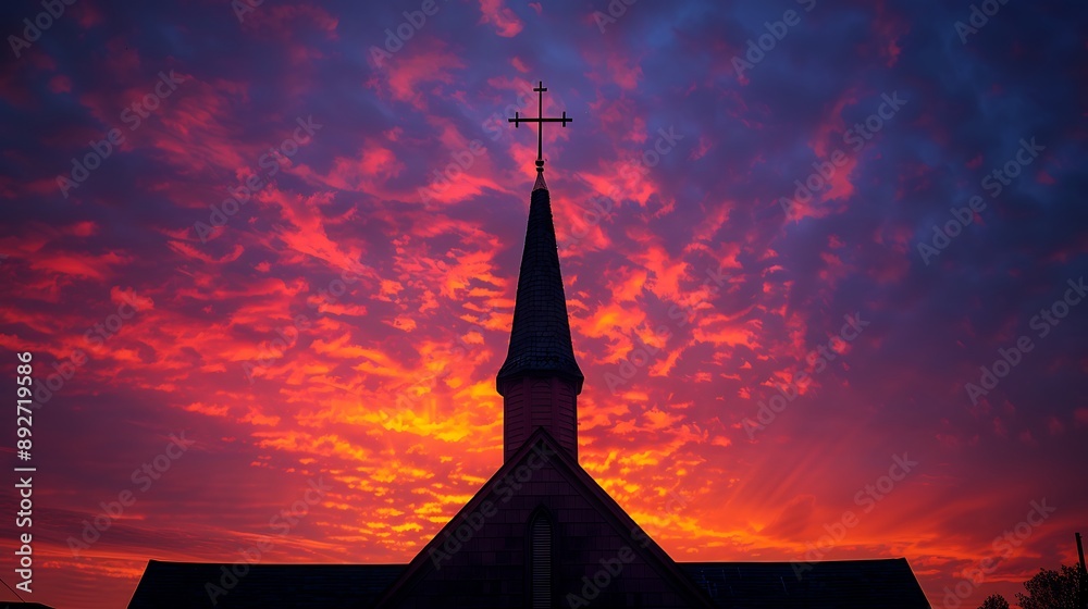 A church steeple with a cross at the top, reaching towards a vibrant ...