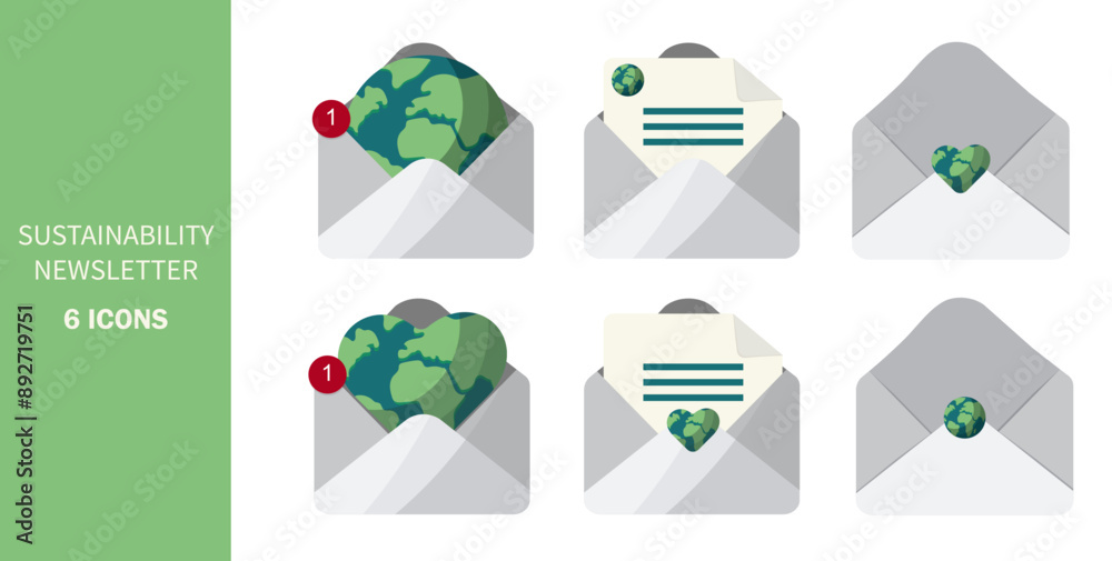Sustainability newsletter icons with envelopes and earth symbols ...