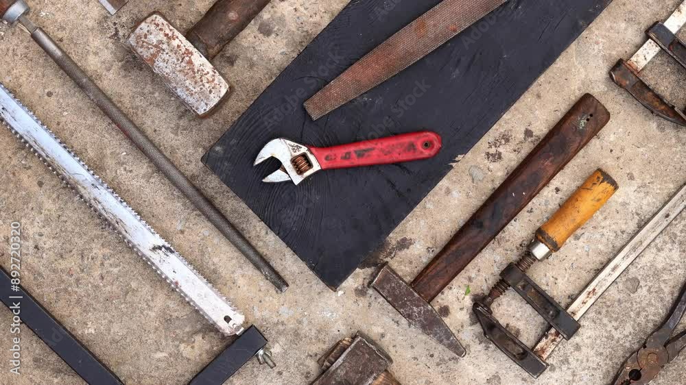 Old construction tools laid out on a concrete background, top view ...