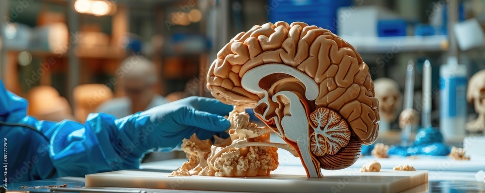 Hand of a doctor assembling a detailed anatomical model of the brain ...